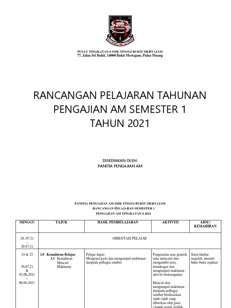 Rancangan Pelajaran Tahunan Pa Sem 1 2021 | PDF