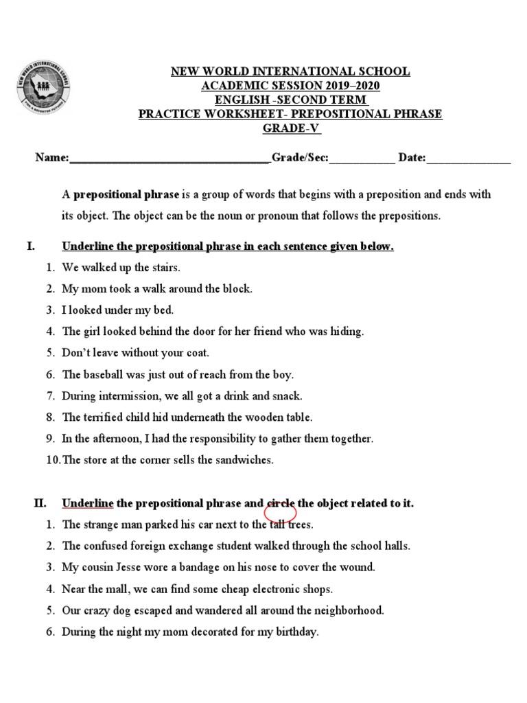 G5 Prepositional Phrases Practice WS | PDF | Preposition And ...