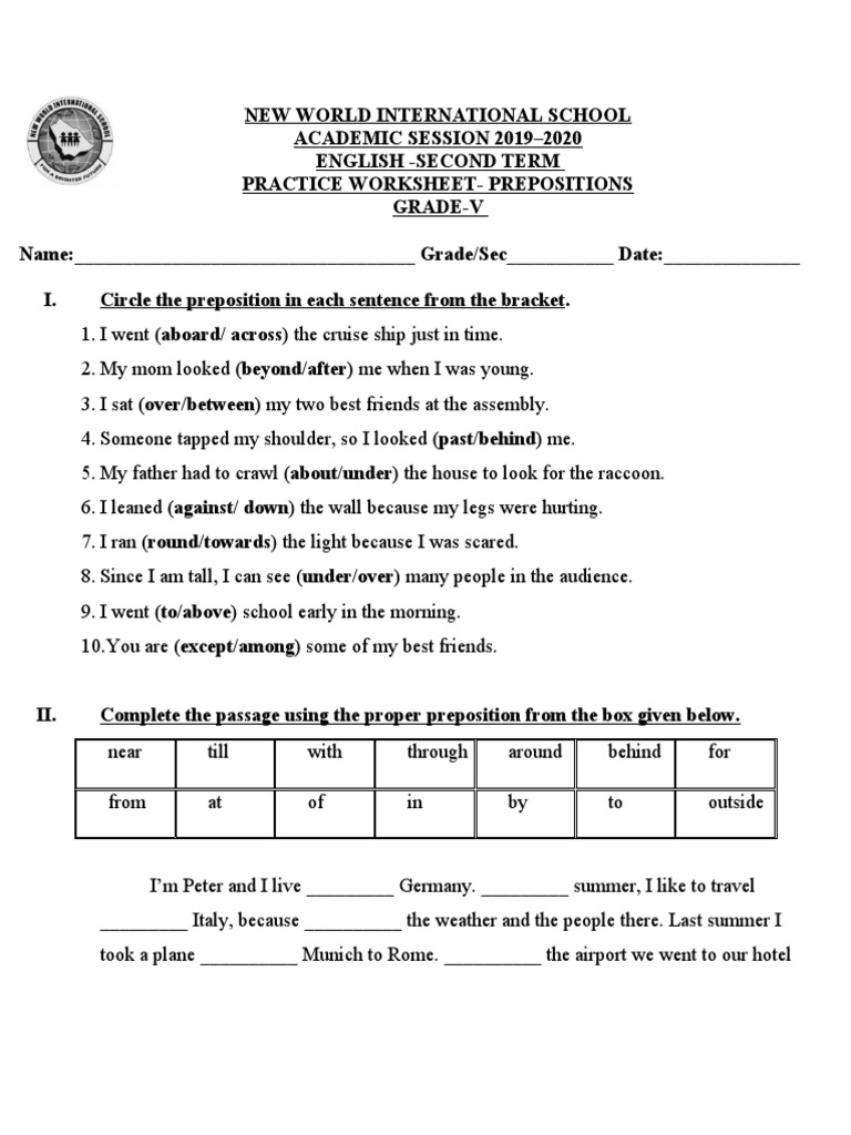 G5-Prepositions Practice W.S | PDF