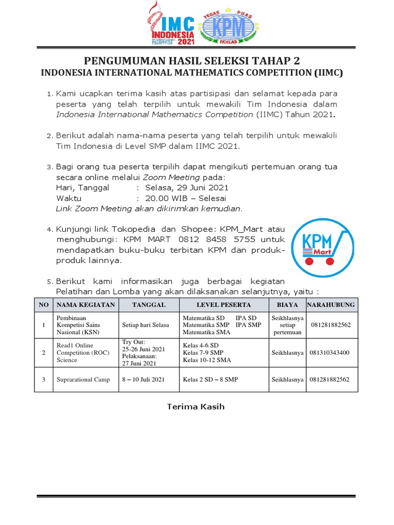Hasil Seleksi Tahap 2 IIMC Tingkat SMP | PDF