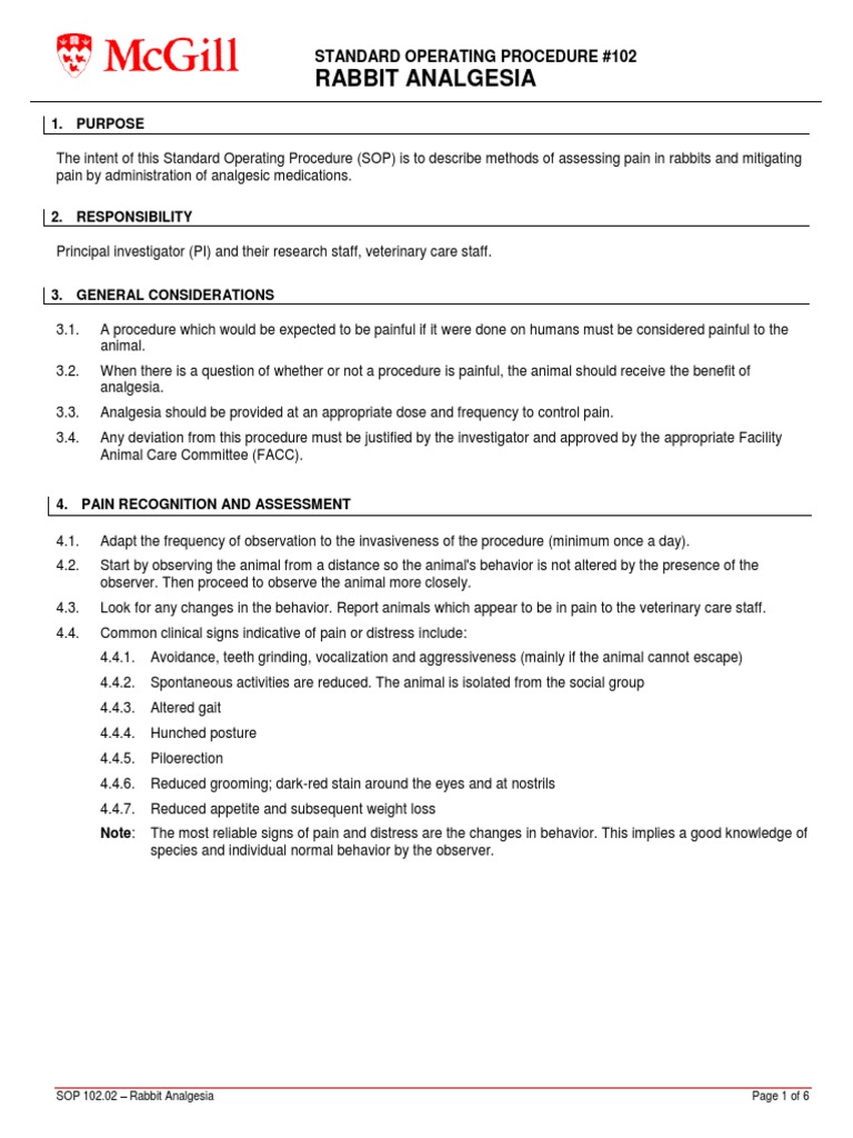 Rabbit Analgesia: Standard Operating Procedure #102 | PDF | Analgesic ...