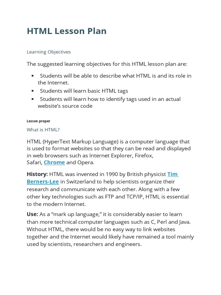 HTML Lesson Plan: Learning Objectives | PDF | Html | World Wide Web