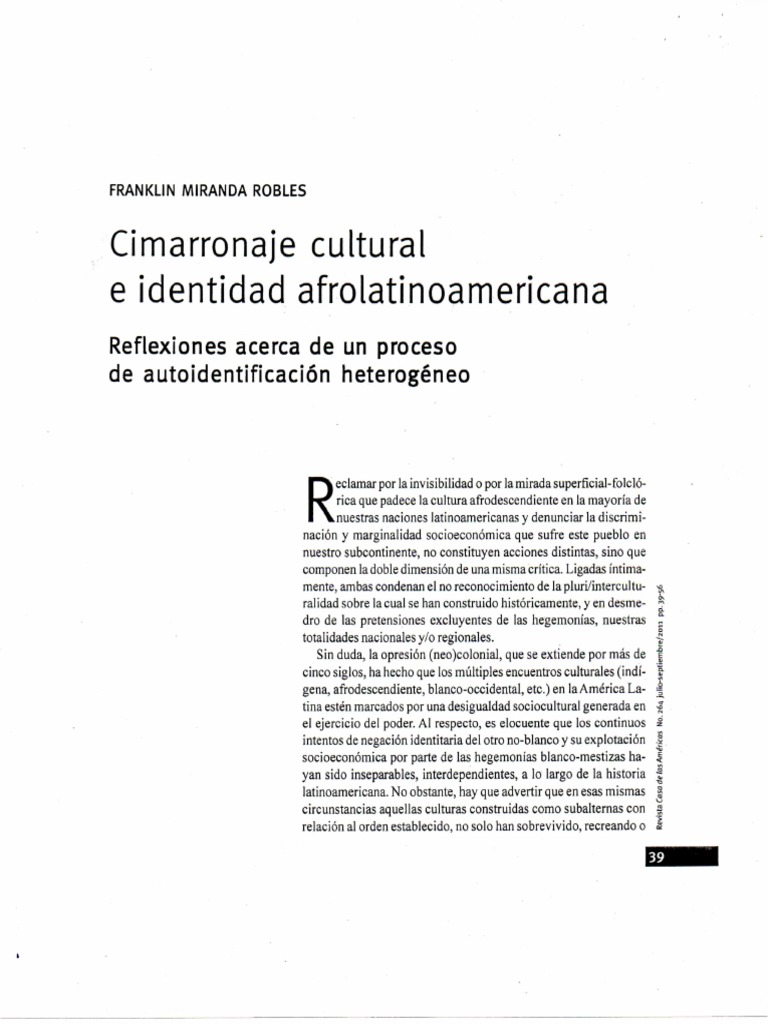 Cimarronaje Cultural e Identidad Afrolatinoamericana | PDF