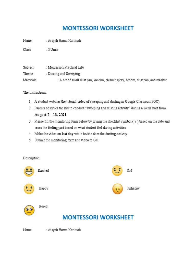 MONTESSORI WORKSHEET (Practical Life-Dusting) - Aisyah Hasna | PDF