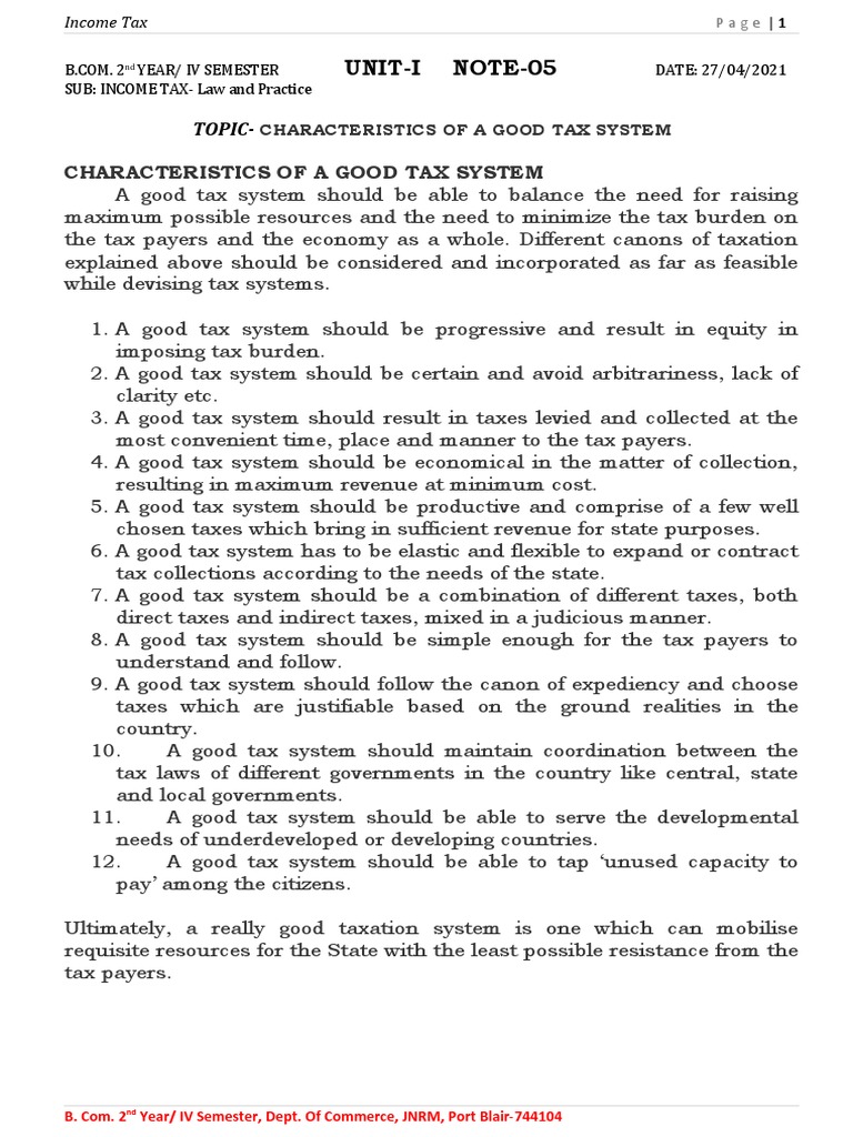 Note 05 Characteristics of A Good Tax System | PDF