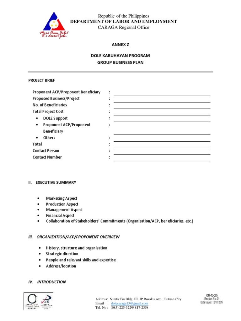 Funding Proposal for a Group Business Plan under the DOLE Kabuhayan ...