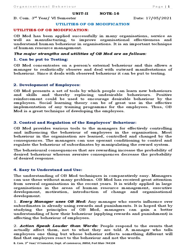 Note 16 - 17 - 05 - 2021 - ORGANISATIONAL BEHAVIOUR MODIFICATION | PDF ...