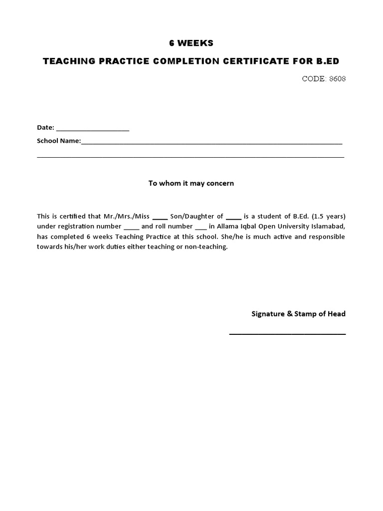 6 Weeks Teaching Practice Completion Certificate For B | PDF