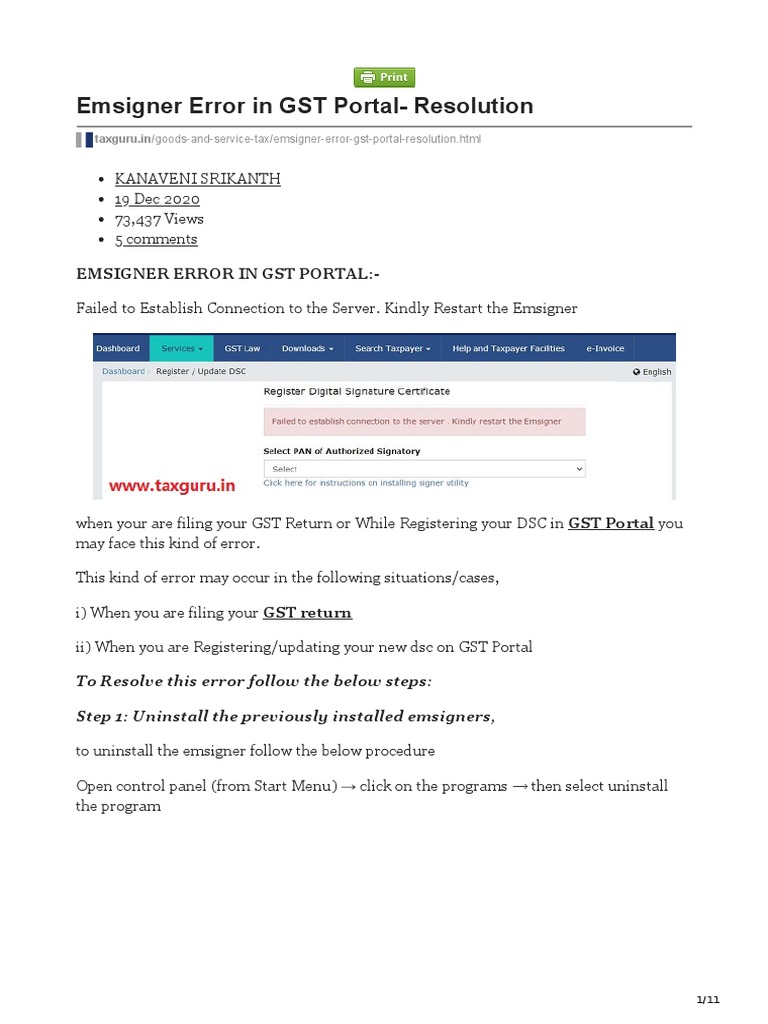 Taxguru - In-Emsigner Error in GST Portal - Resolution | PDF ...
