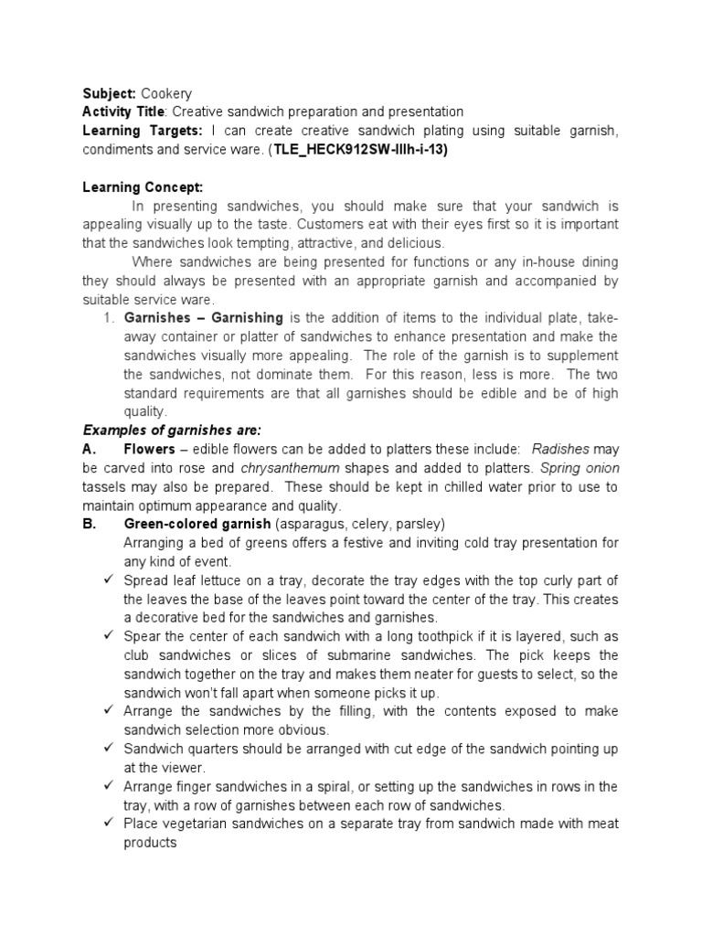 Creative Sandwich Preparation and Presentation | PDF | Garnish (Food ...