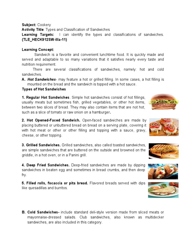 Types and Classification of Sandwiches | PDF | Sandwich | Grilling