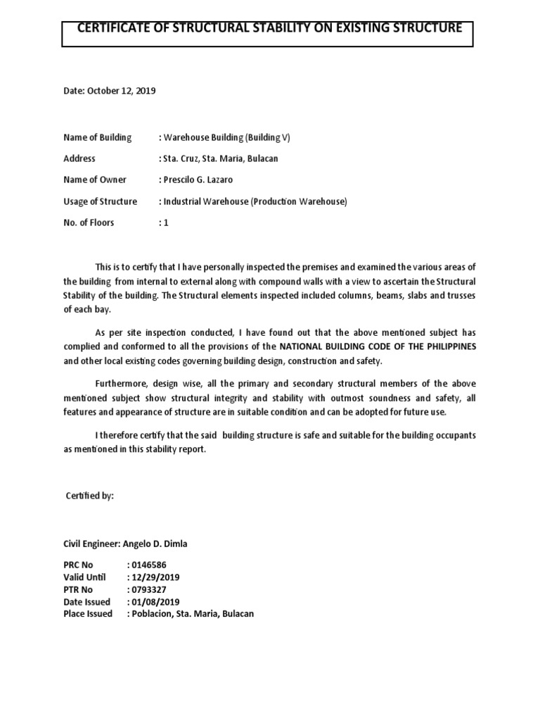 A. Certificate of Structural Stability On Existing Structure | PDF ...