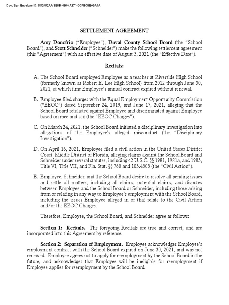 Settlement Agreement Donofrio Executed | PDF | Employment | Civil Rights Act Of 1964