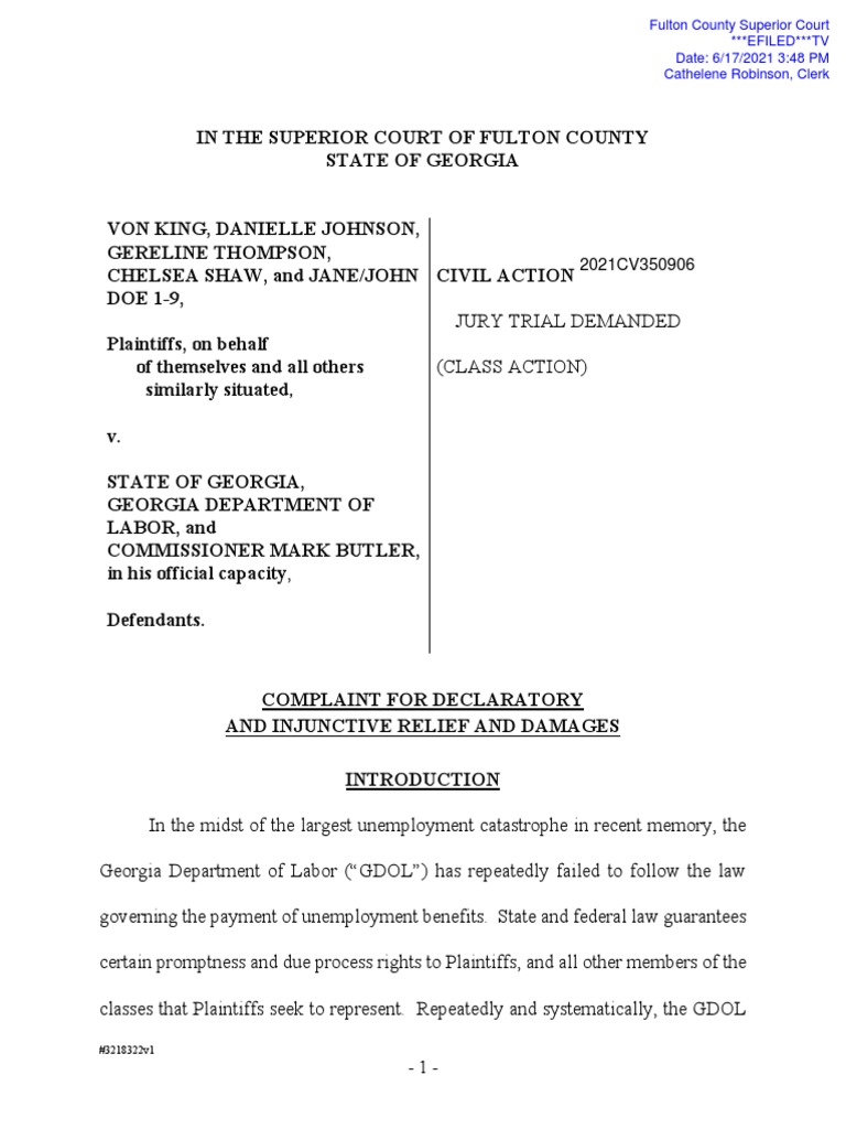 GA Unemployment Class Action Complaint | PDF | Unemployment Benefits ...