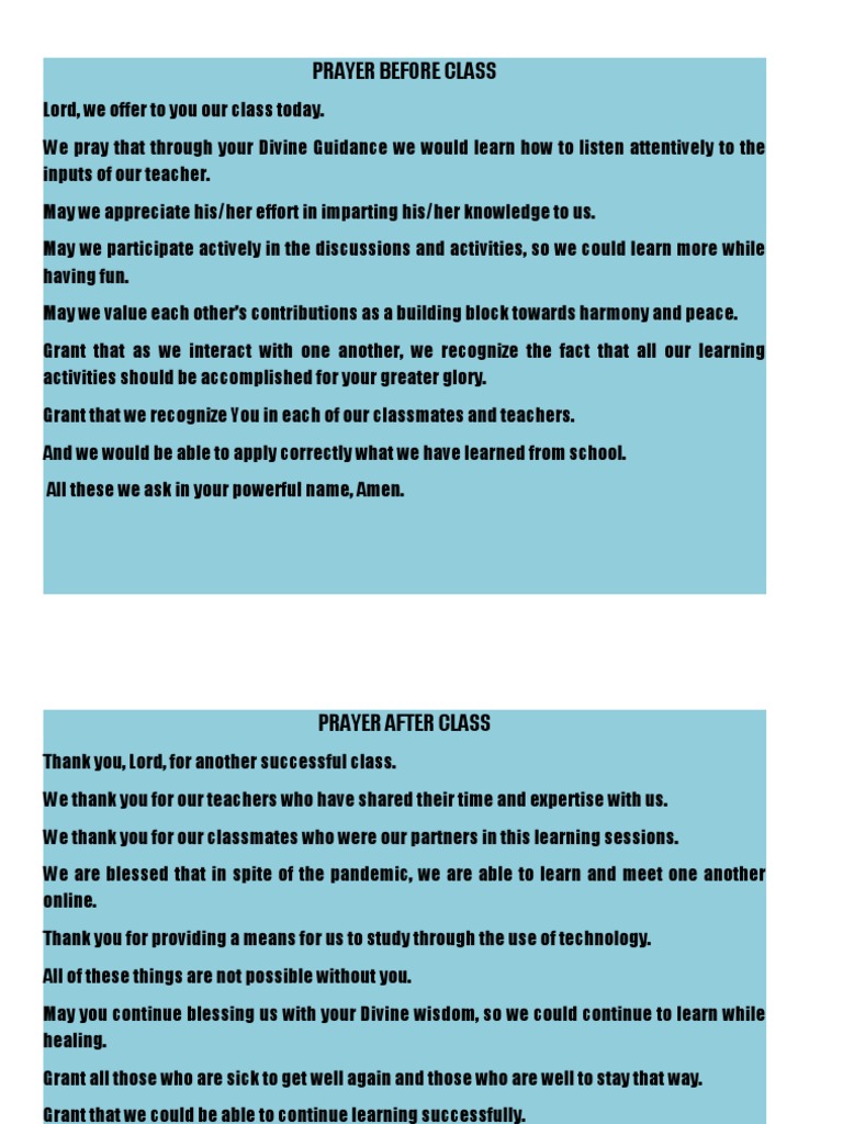 Prayer Before and After Class | PDF | Career & Growth