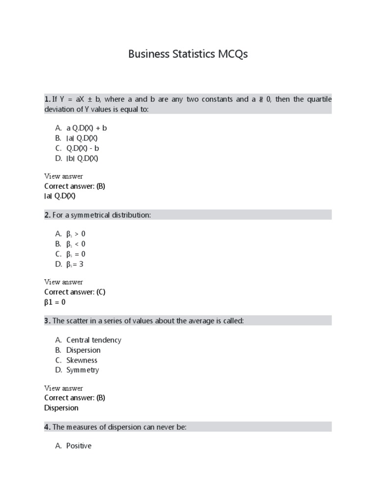Business Statistics MCQs | PDF | Skewness | Standard Deviation