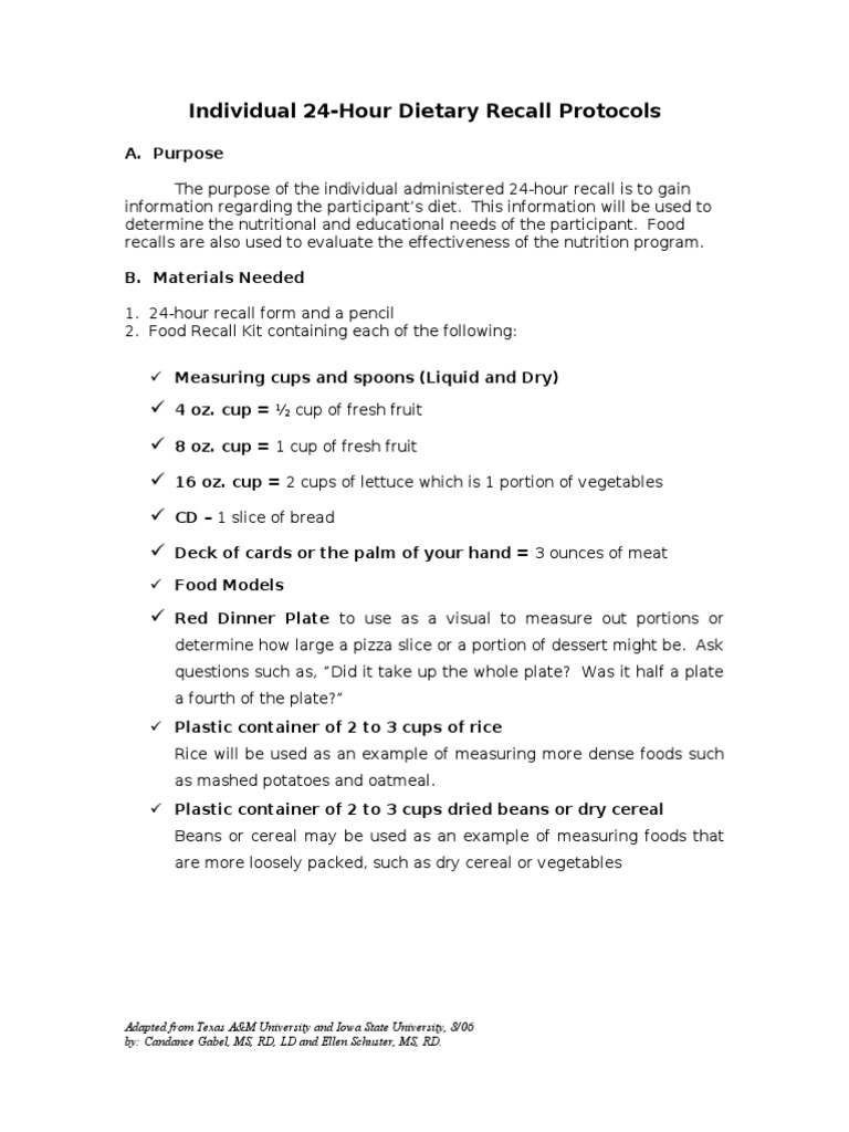 Individual 24 Hour Food Recall | PDF | Eating | Foods