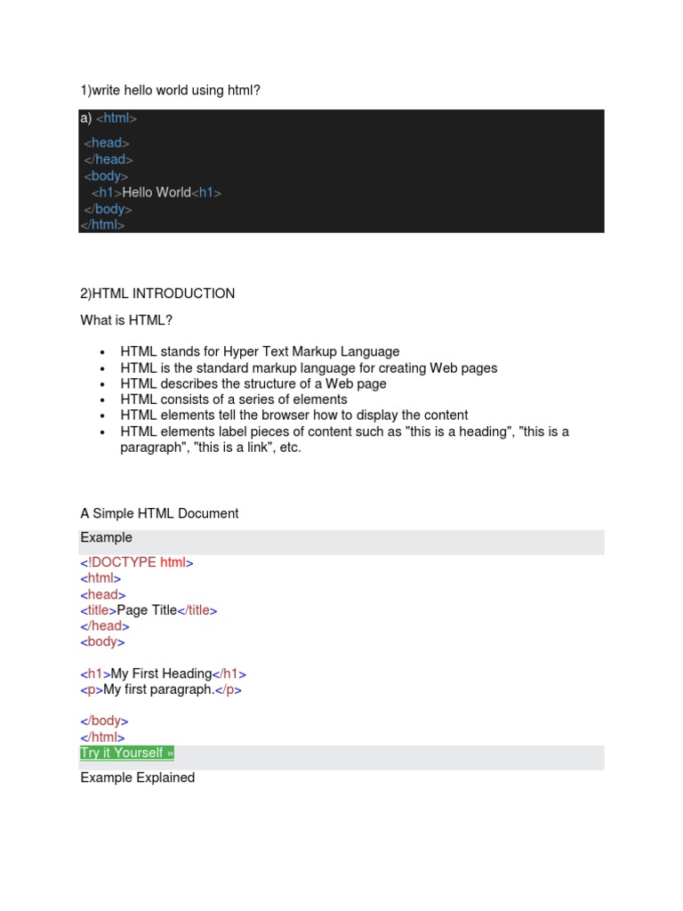 HTML Head Head Body h1 h1 Body HTML: Hello World | PDF | Html Element ...