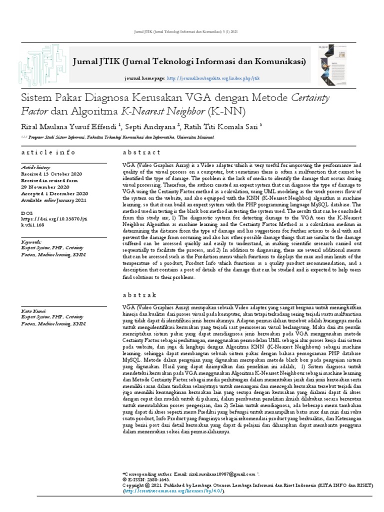 Sistem Pakar Diagnosa Kerusakan VGA Dengan Metode Certainty Factor Dan Algoritma K-Nearest ...