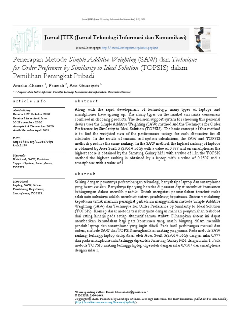 Penerapan Metode Simple Additive Weighting (SAW) Dan Technique Pemilihan Perangkat Pribadi | PDF ...