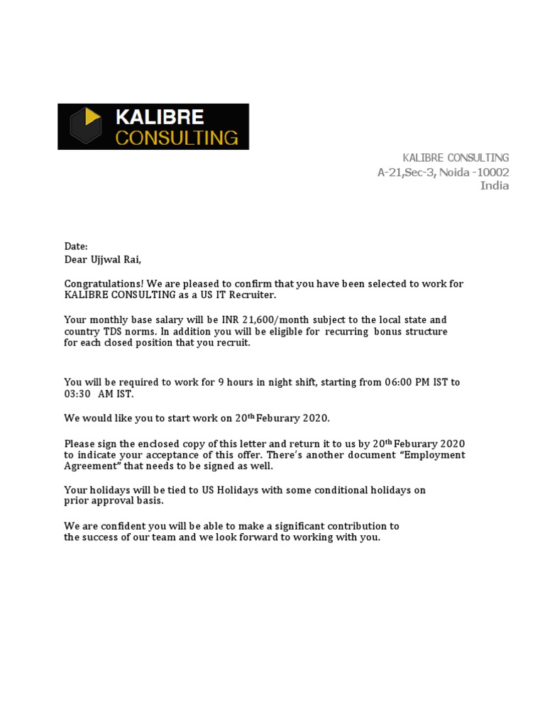 Ujjwal Rai Appointment Letter KALIBRE CONSULTING | PDF | Arbitration ...