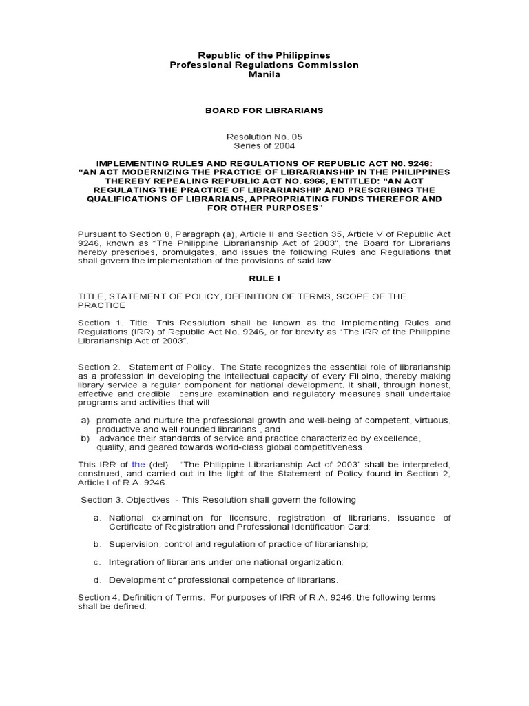 Republic of The Philippines Professional Regulations Commission Manila | PDF | Libraries | Licensure