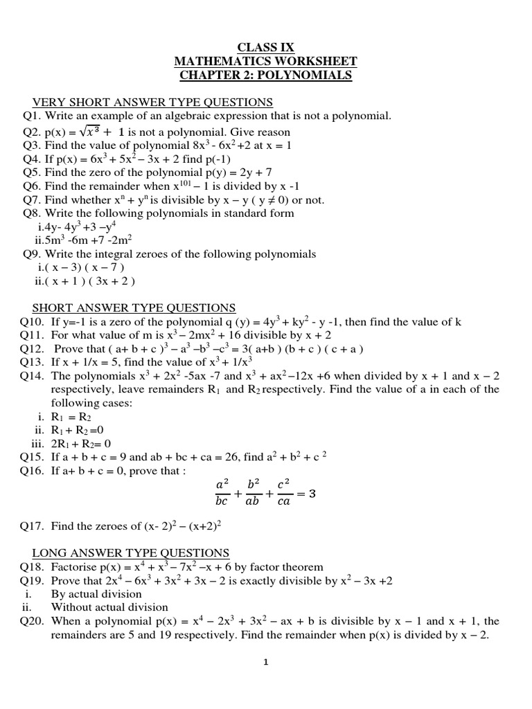 Class Ix Mathematics Worksheet Chapter 2: Polynomials | PDF | Polynomial | Mathematics