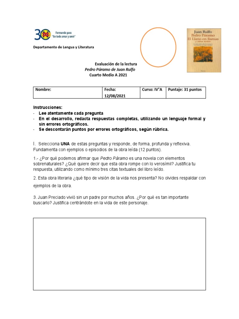 Evaluación: Pedro Páramo IV°A | PDF
