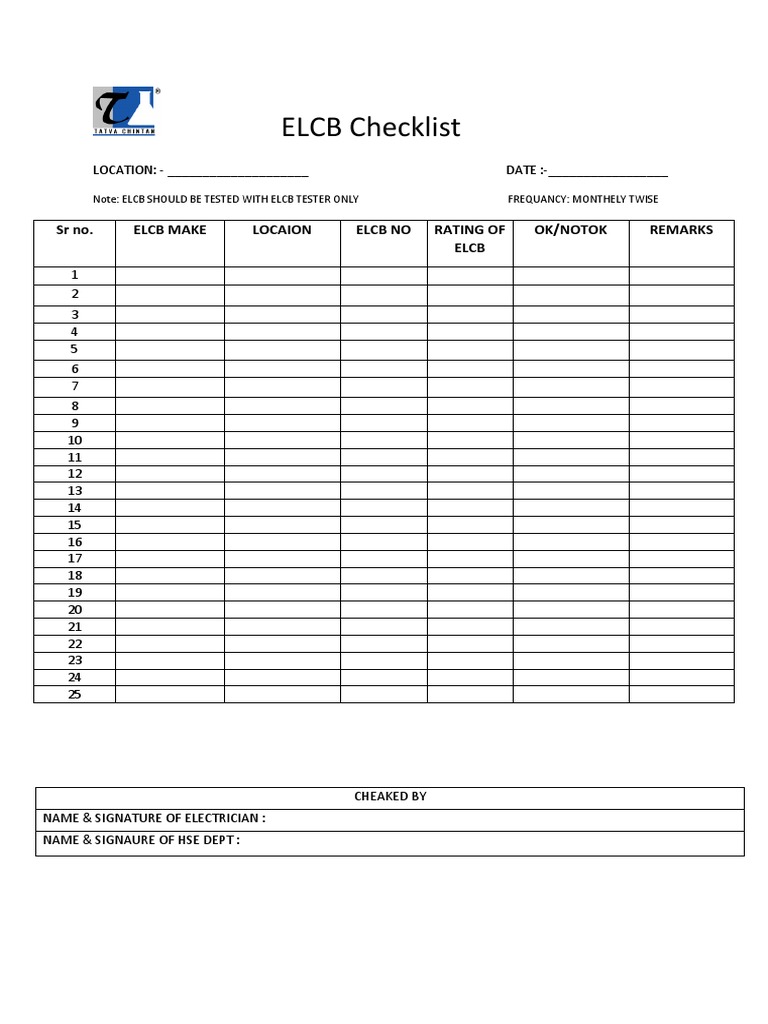 ELCB Testing Checklist Template | PDF