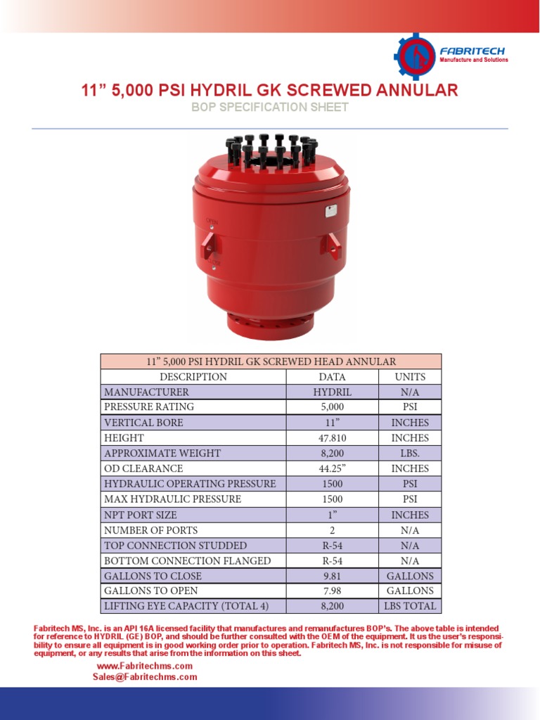 11 5000 Hydril GK Screwed Annular Bop Spec Sheet | PDF | Technology ...