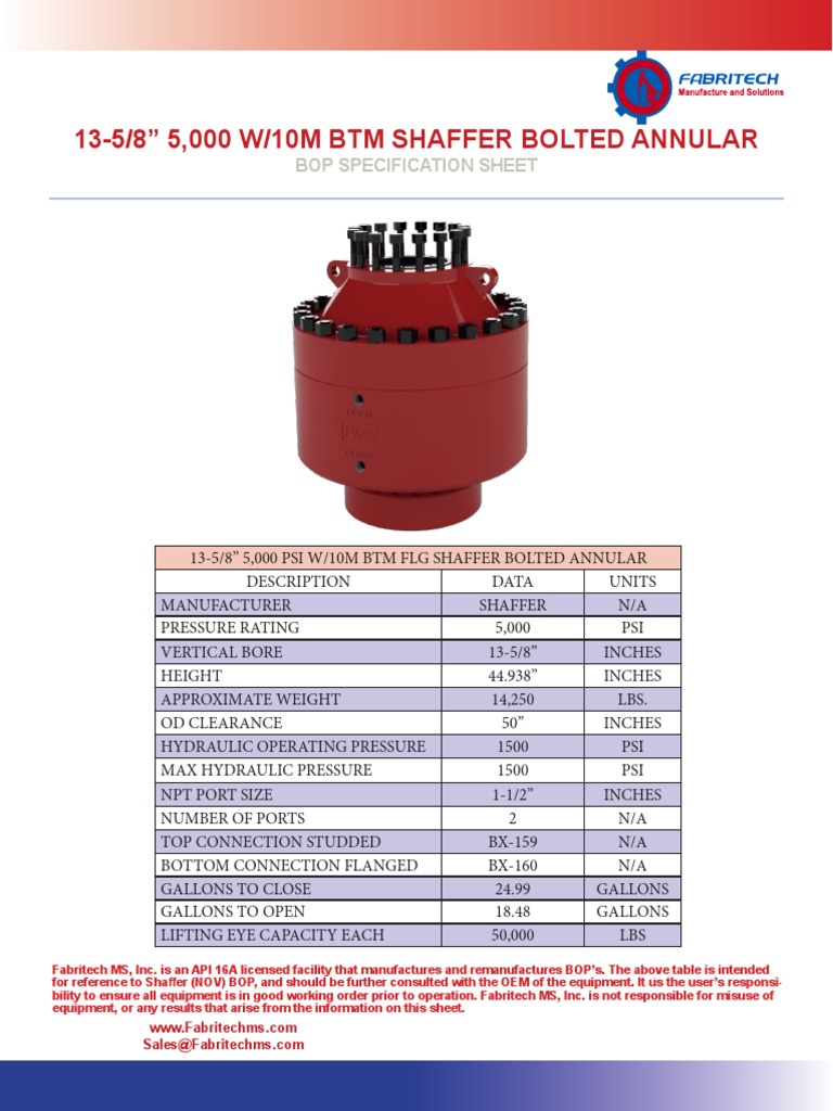 13.625 5000 10mbtm Shaffer Bolted Annular Bop Spec Sheet | PDF