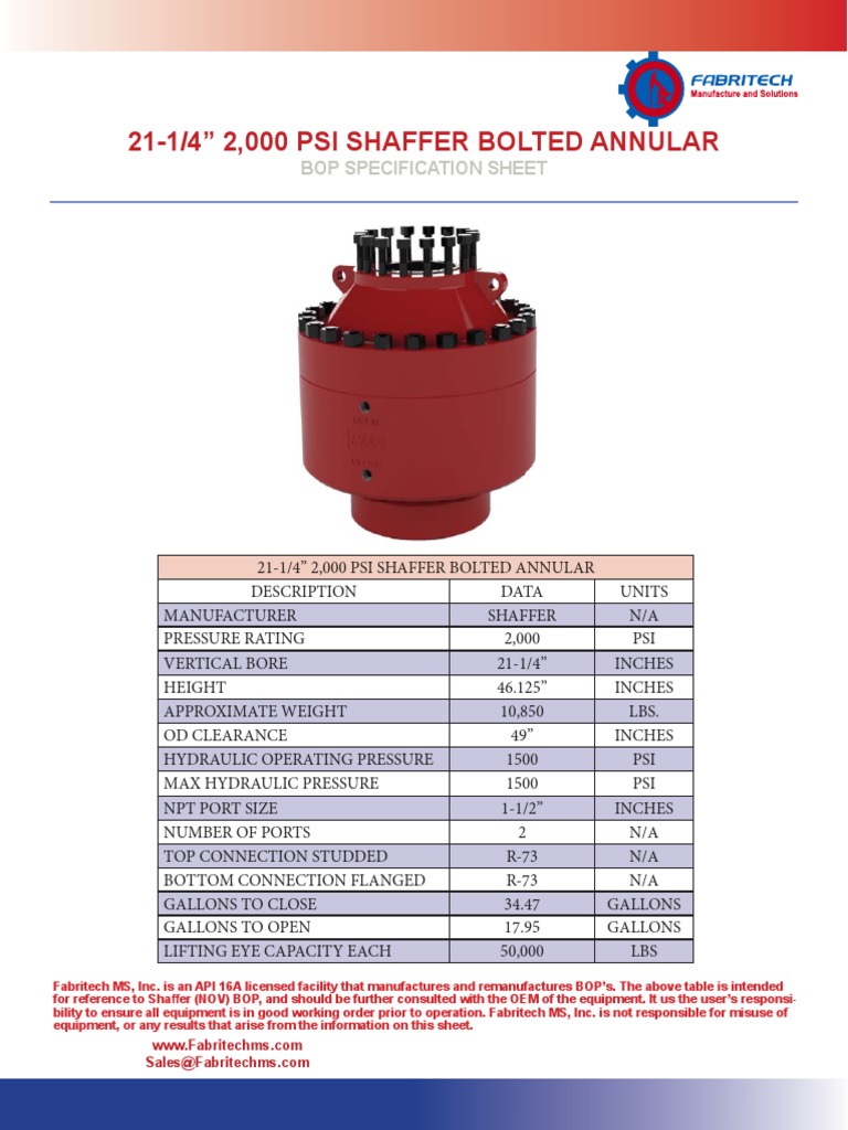 21 2000 Shaffer Bolted Annular Bop Spec Sheet | PDF