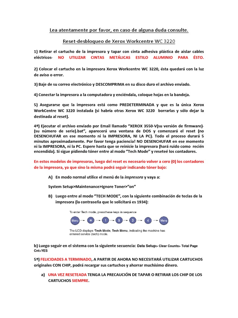 Instrucciones Reset XEROX WC 3220-Serial-NUEVO | PDF