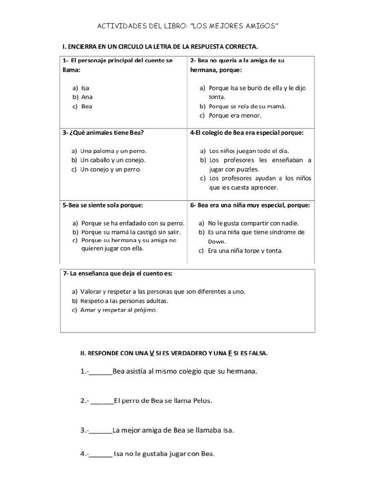 Actividades del libro "Los Mejores Amigos" | PDF