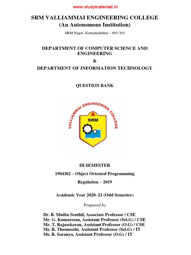 Cs8392 Object Oriented Programming Iq Pdf Class Computer Programming Inheritance Object 6060