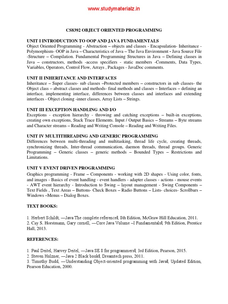 Cs8392 Object Oriented Programming Notes 1 Pdf Java Programming Language Inheritance 8542