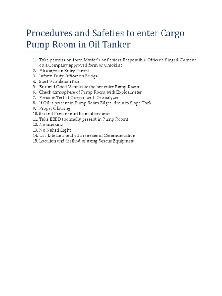 Pump Room Entry Procedures for Tankers | PDF | Home & Garden | Science ...