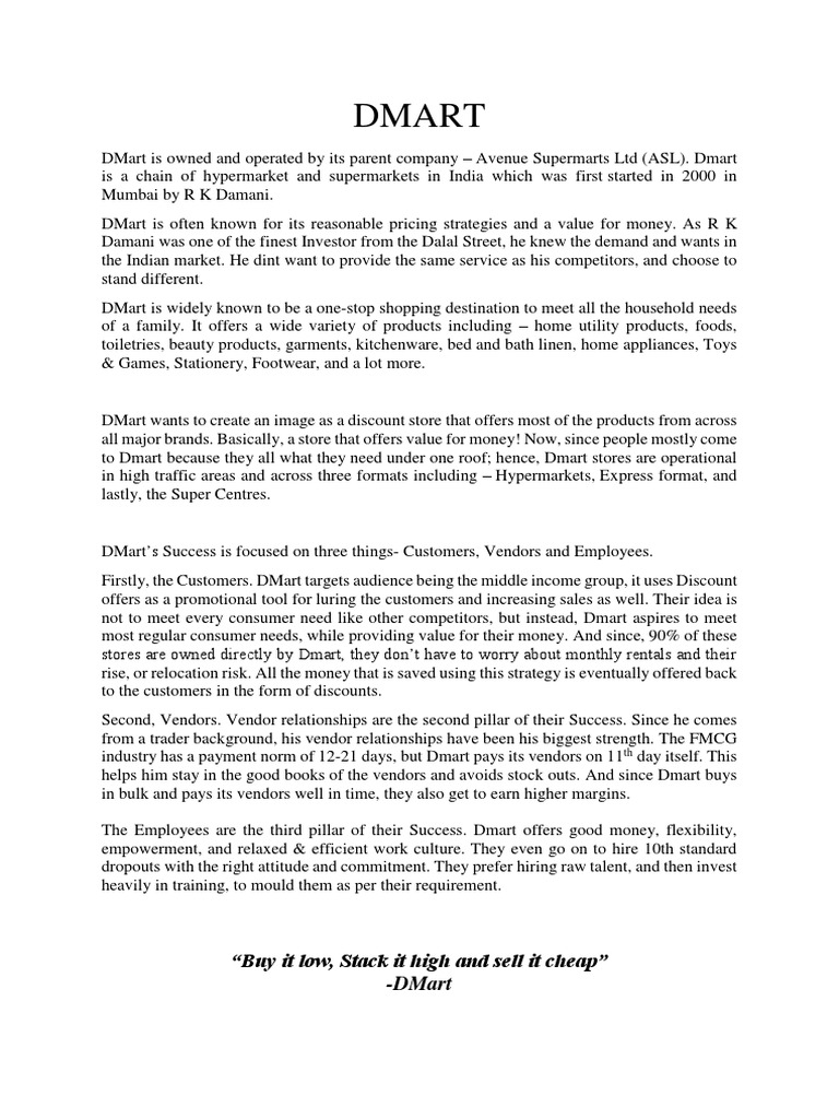 Dmart: "Buy It Low, Stack It High and Sell It Cheap" - Dmart | PDF ...