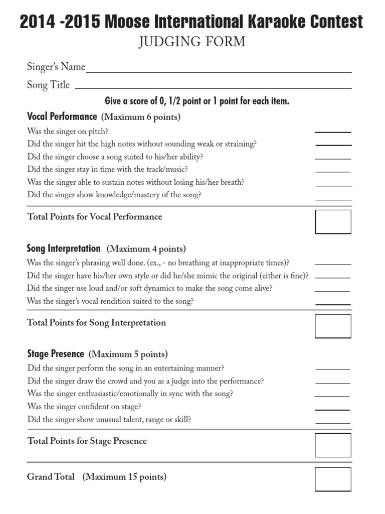 Karaoke Judging Criteria Karaoke Contest Revised Judges Form Fill