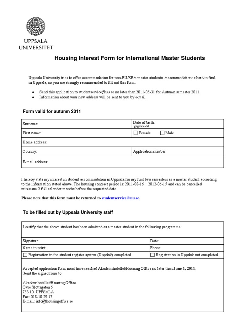 Uppsala Housing Form for Master Students | PDF