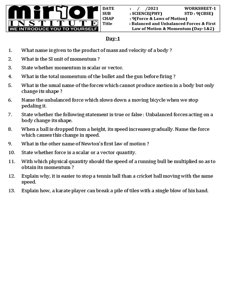 Balanced vs Unbalanced Forces Worksheet | PDF | Force | Momentum