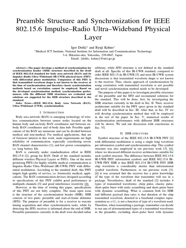 Preamble Structure and Synchronization For IEEE 802.15.6 Impulse-Radio ...