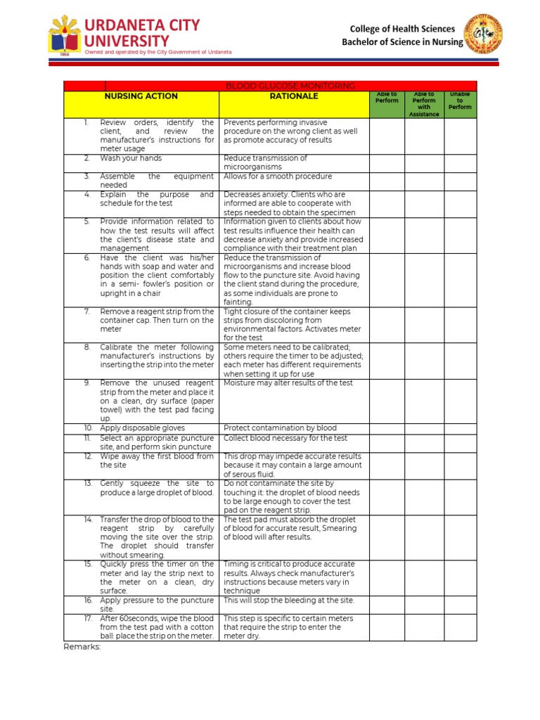 Skills Checklist Blood Sugar Monitoring | PDF | Calibration | Nursing