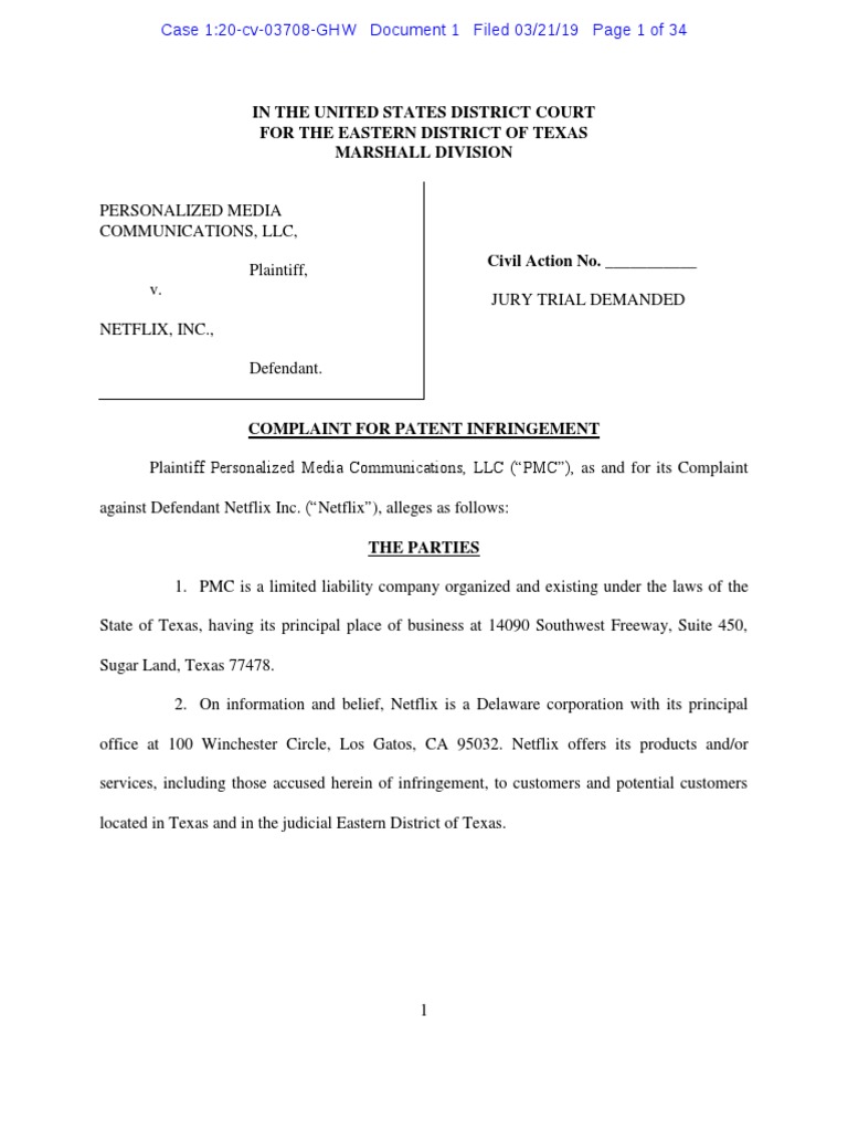 PMC vs. Netflix Patent Infringement Case | PDF | Patent Infringement ...