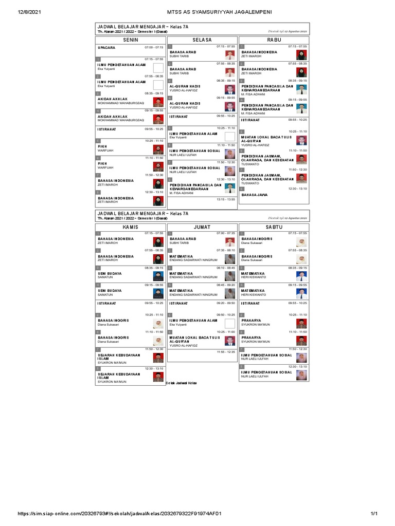 Jadwal Online MTS As Syamsuriyyah Tp. 2021-2022 | PDF