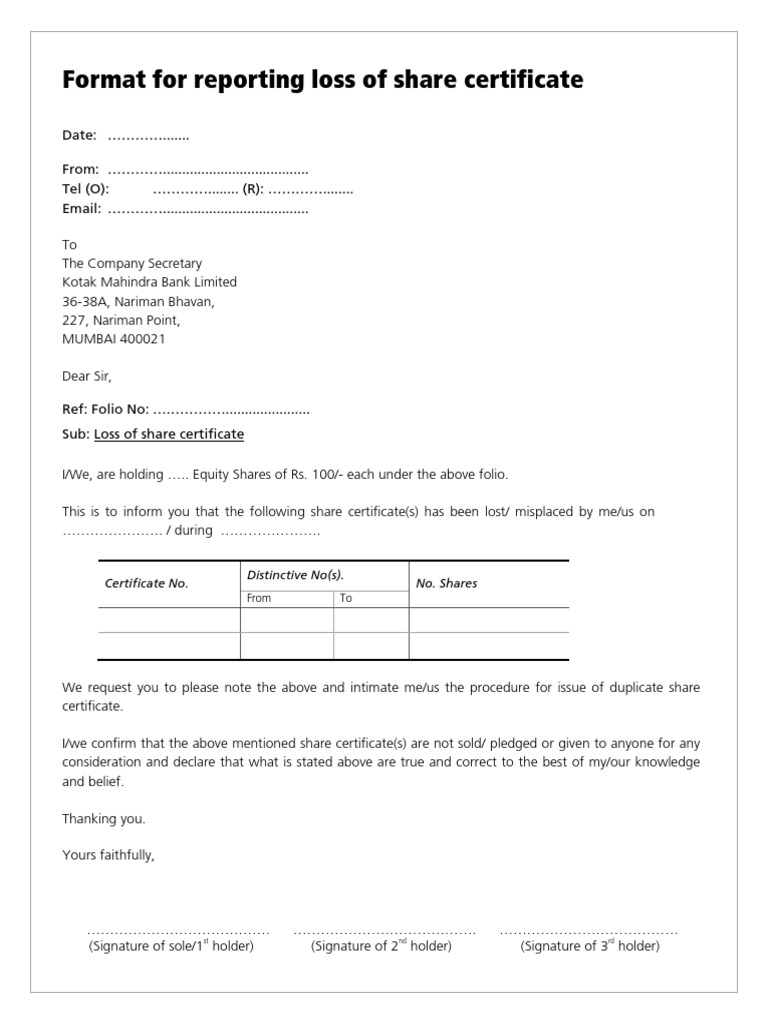 Format For Reporting Loss of Share Certificate: Certificate No ...
