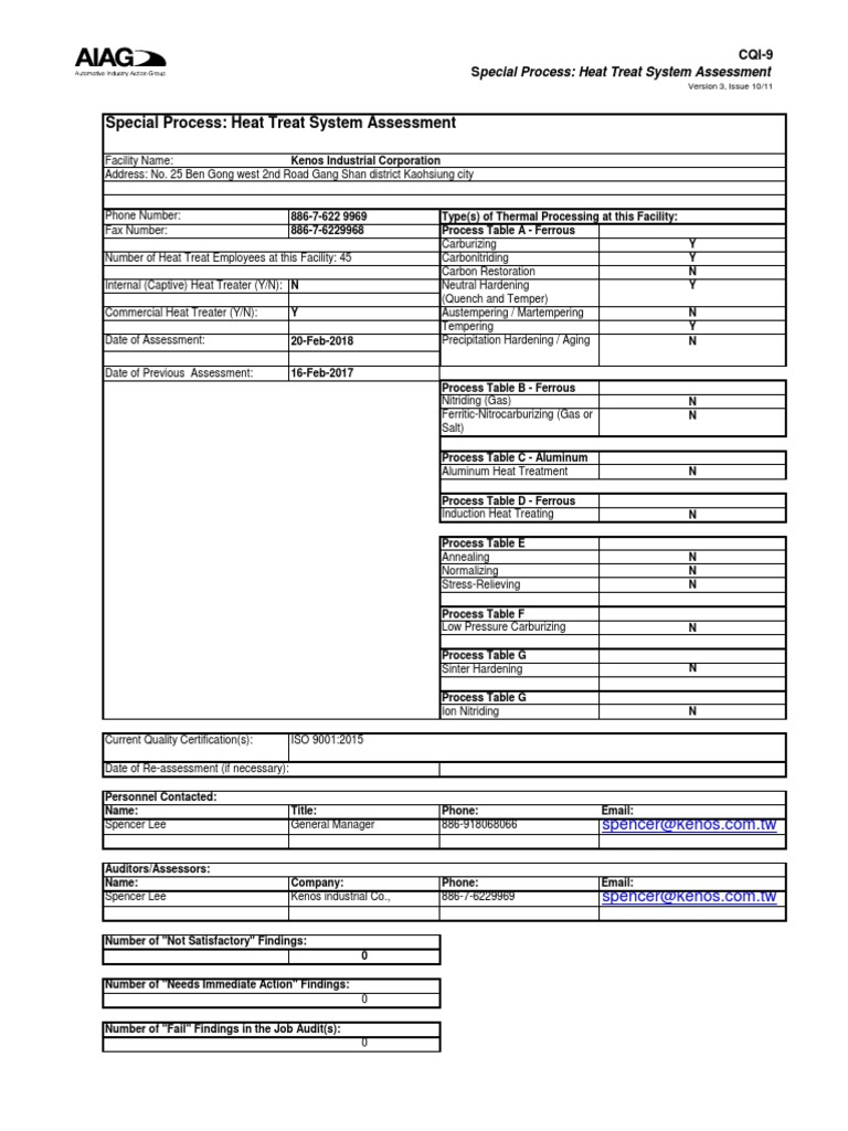 CQI-9 Self Assessment in 2018 | PDF | Heat Treating | Specification ...