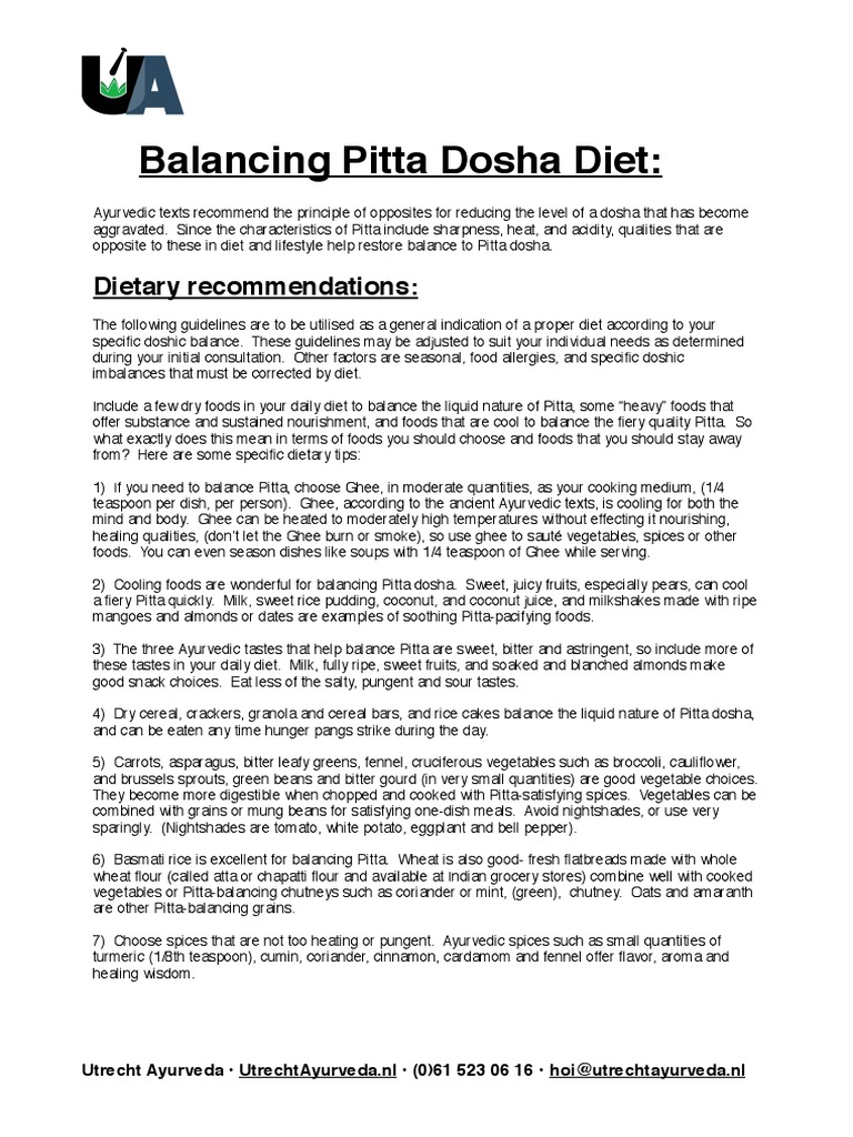 Pitta Dosha Balancing Diet Guide | PDF | Drink | Chutney