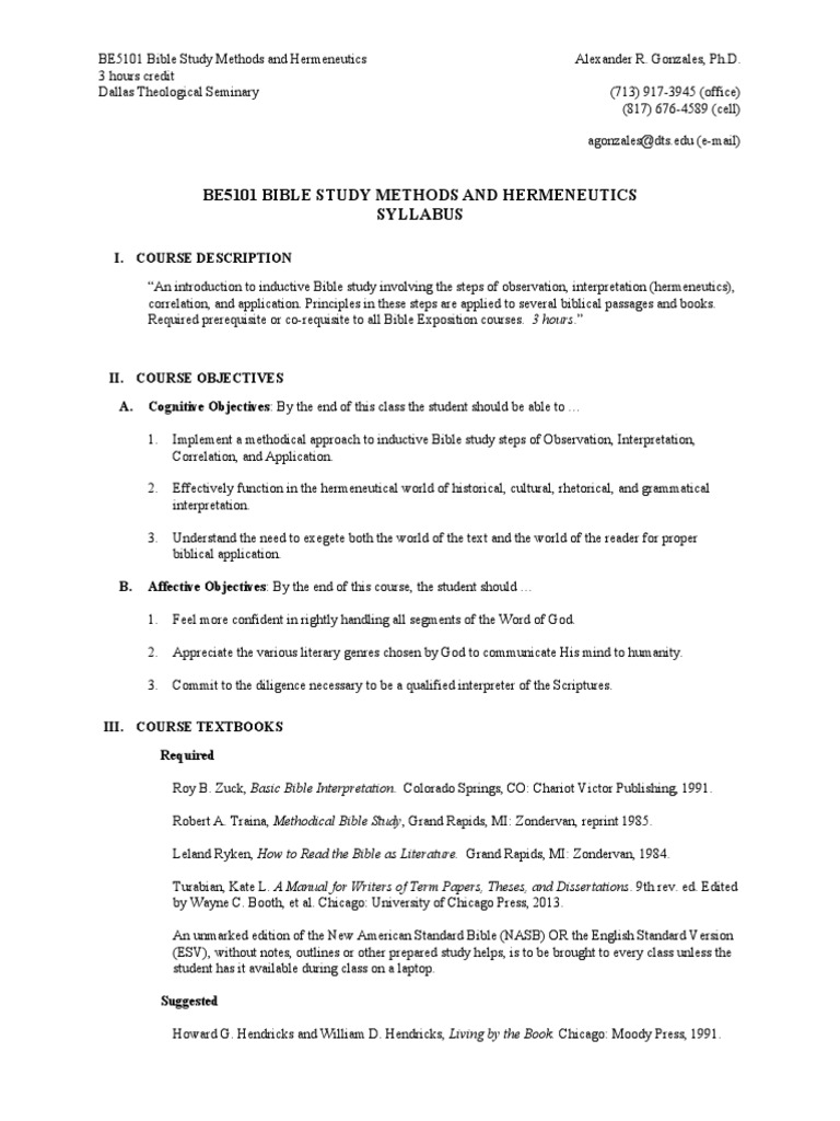 Be5101 Bible Study Methods and Hermeneutics Syllabus: I. Course ...