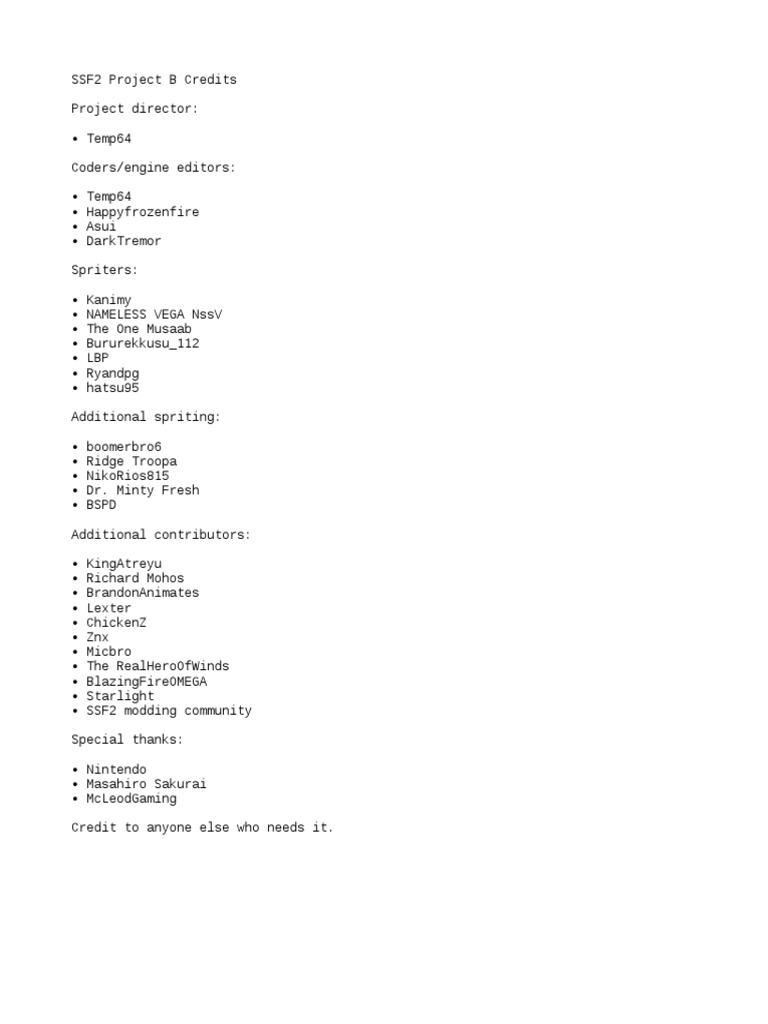 SSF2 Project B Team Credits | PDF | Games & Activities